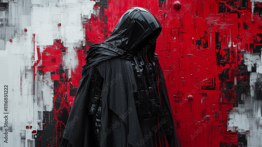 Dark hooded figure with glowing red eyes and tribal red face paint ...