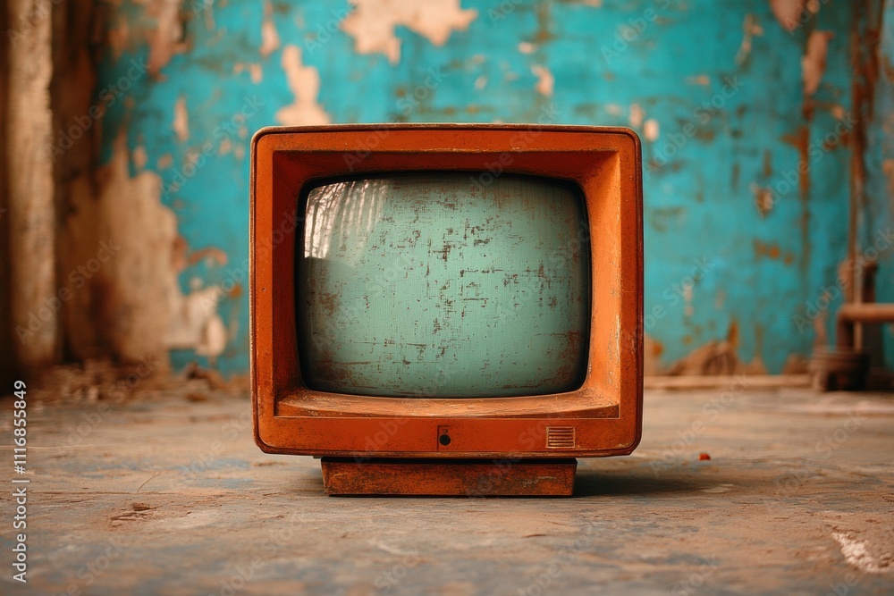 Old orange tv set displaying static noise in abandoned room Stock Photo ...