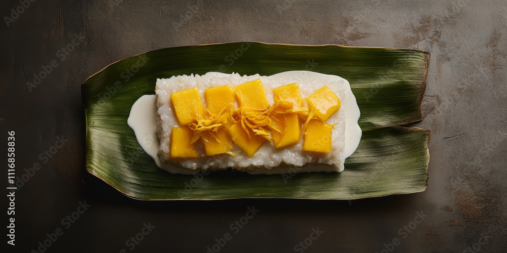 A fragrant Thai mango sticky rice dessert, with sweet glutinous rice ...