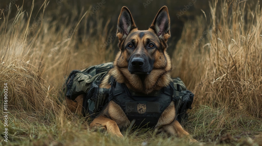 Intense Focus: German Shepherd in Tactical Gear Staring Towards Target ...