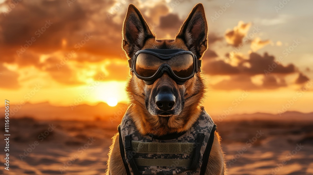 Resilient German Shepherd with Tactical Gear Against Desert Sunset ...