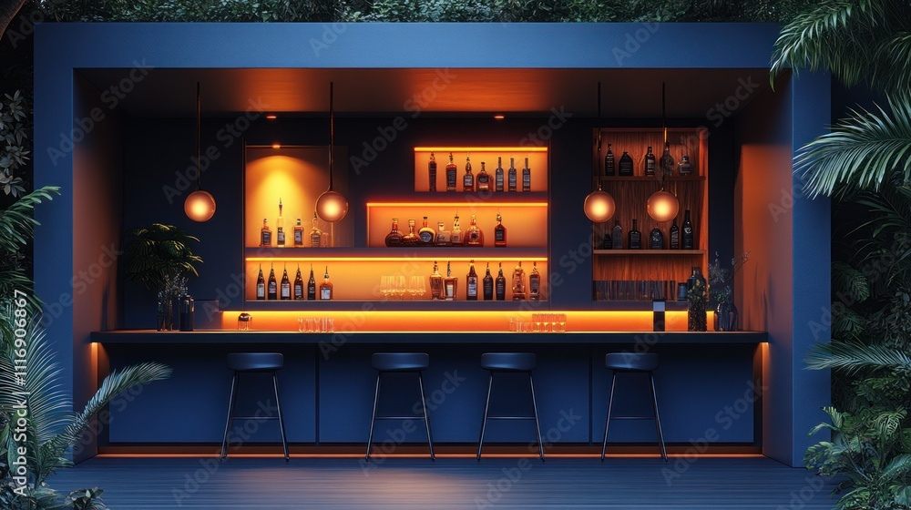 A modern, outdoor bar with a dark blue exterior and warm lighting ...