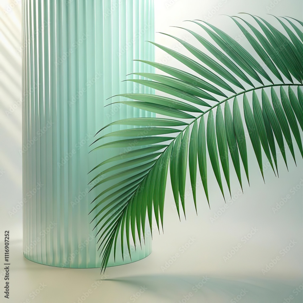 Green palm with reeded glass. Ribbed Background. Plant leaves. White ...