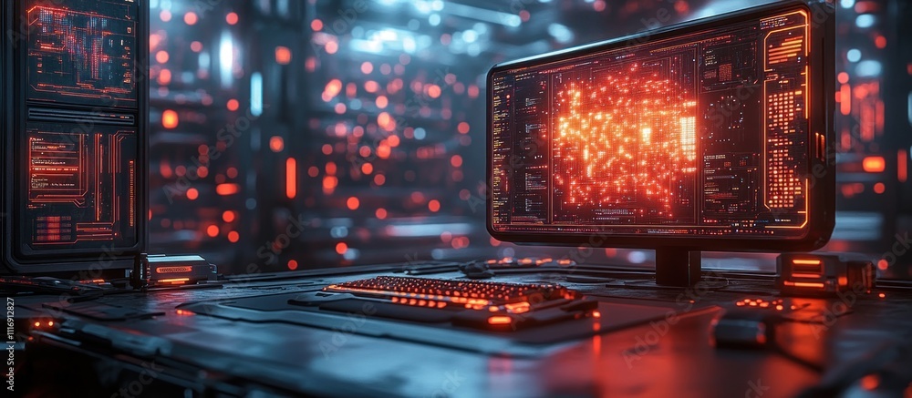 Futuristic computer workstation with glowing interface and a blurry ...