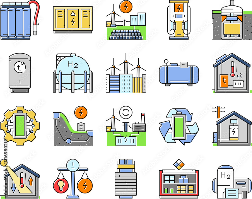 energy storage power system icons set vector. grid lithium, ion ...
