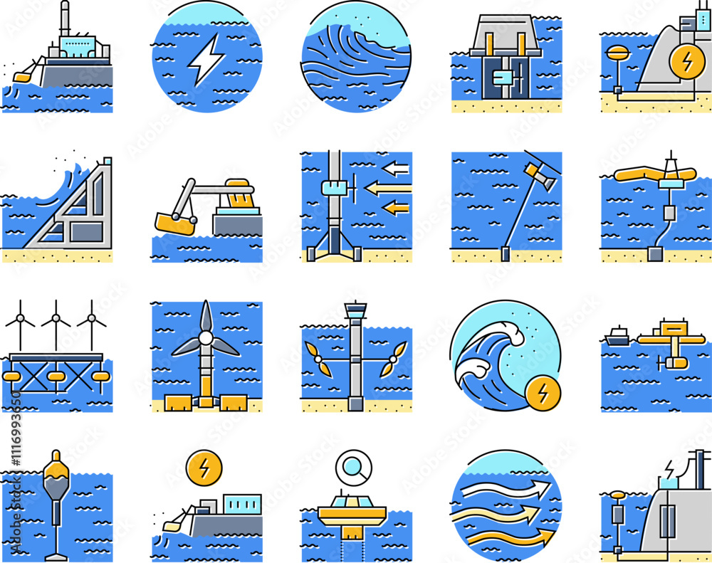wave energy power tidal icons set vector. sea plant, hydro electric ...