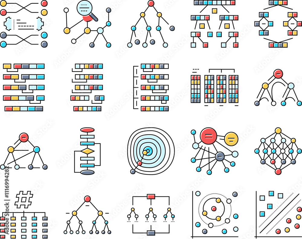 algorithm data technology ai icons set vector. software digital ...