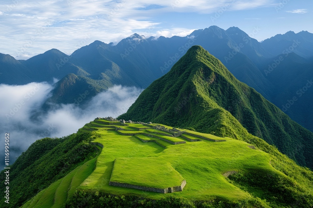 Machu Picchu\'s majestic terraces rise above the misty Andes, revealing ...