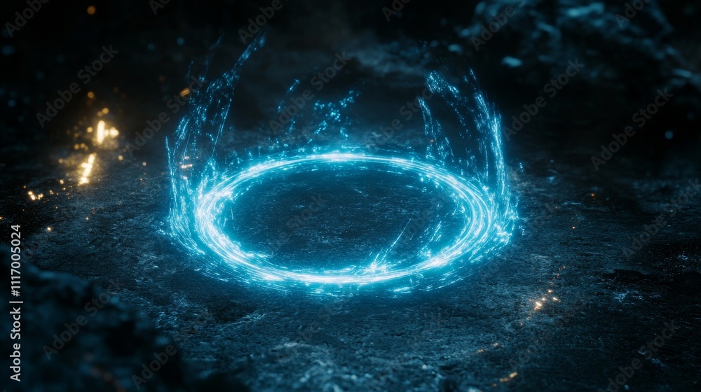 glowing energy portal sequence, neon blue vortex rings, floating light ...