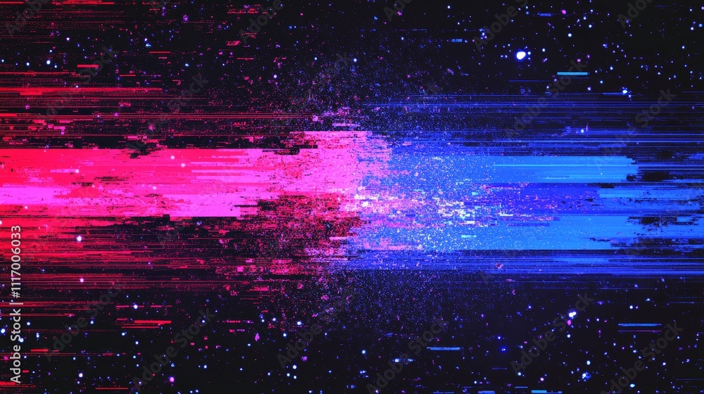 vhs distortion frame, fragmented pixel noise, electric blue red static ...