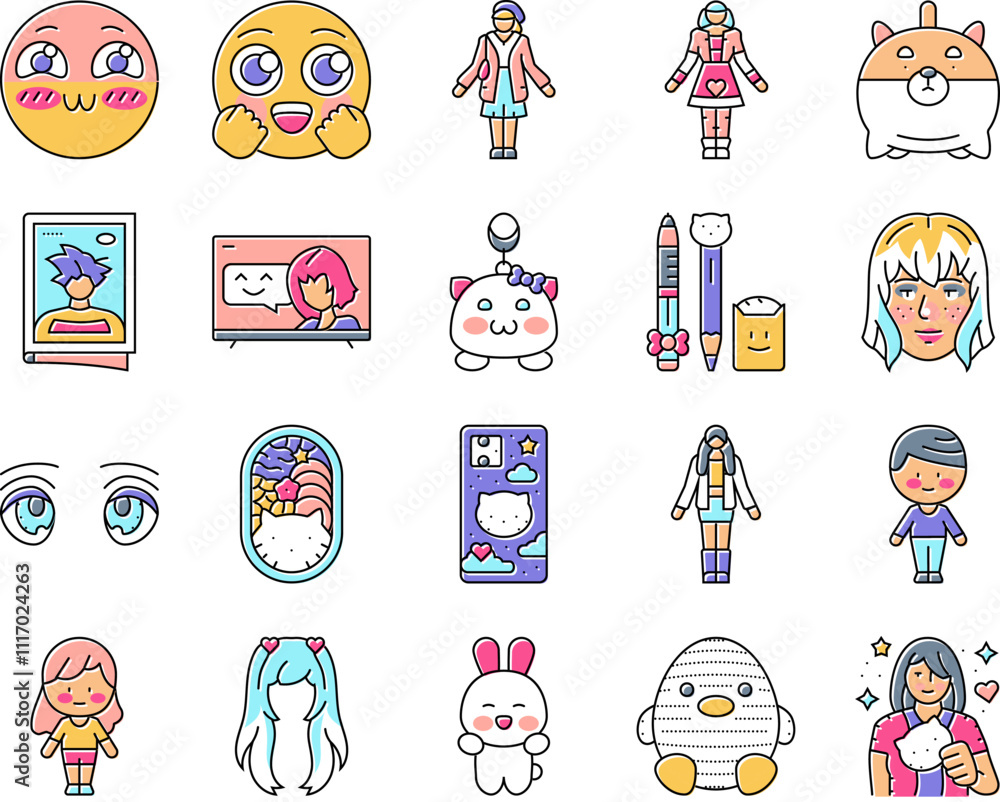 kawaii cute anime emoticon icons set vector. girl manga, rainbow art ...