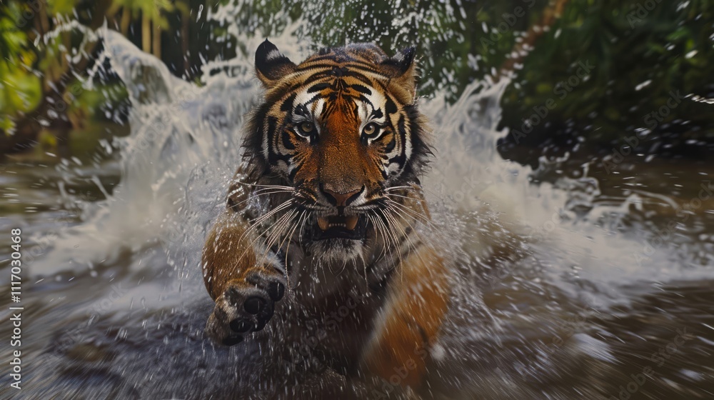 Siberian tiger, Panthera tigris altaica, low angle photo in direct view ...