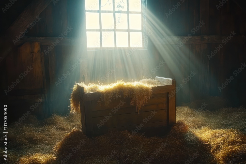 Nativity Scene Empty Wooden Cradle Manger Light Rays Christmas Holy ...