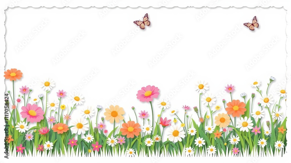 Daisy field vector illustration with paper cut style, spring flowers ...