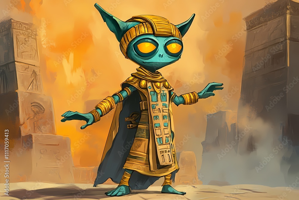 Ancient Ruins Guardian: A Teal-Skinned Alien Priest in a Golden Attire ...