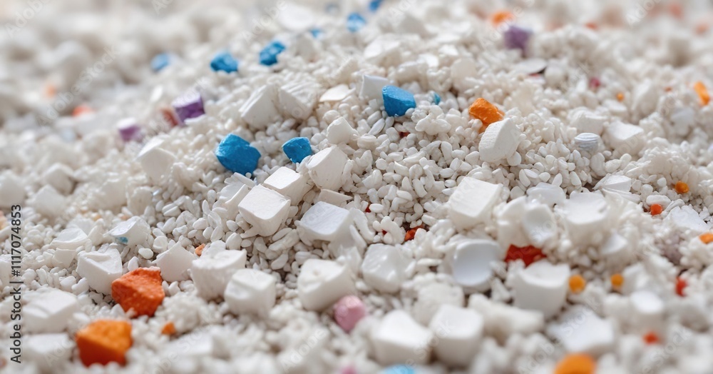 Macro photo of a white granule of plastic polymer with vibrant colors ...