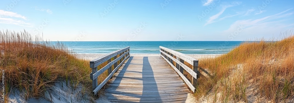 Wooden boardwalk pathway to serene beach with grasses and blue ocean ...