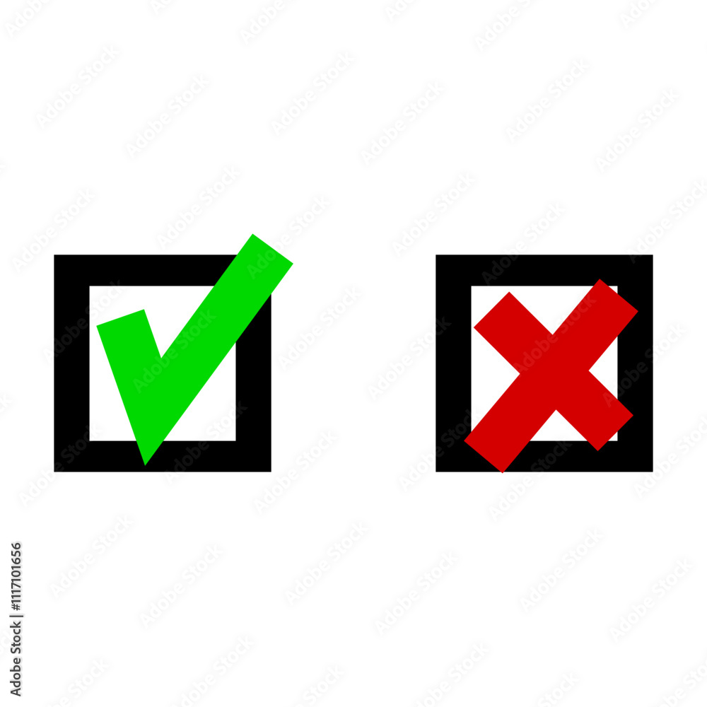 Check mark icon set with editable strokes. Accepted, rejected, approved, disapproved, right ...