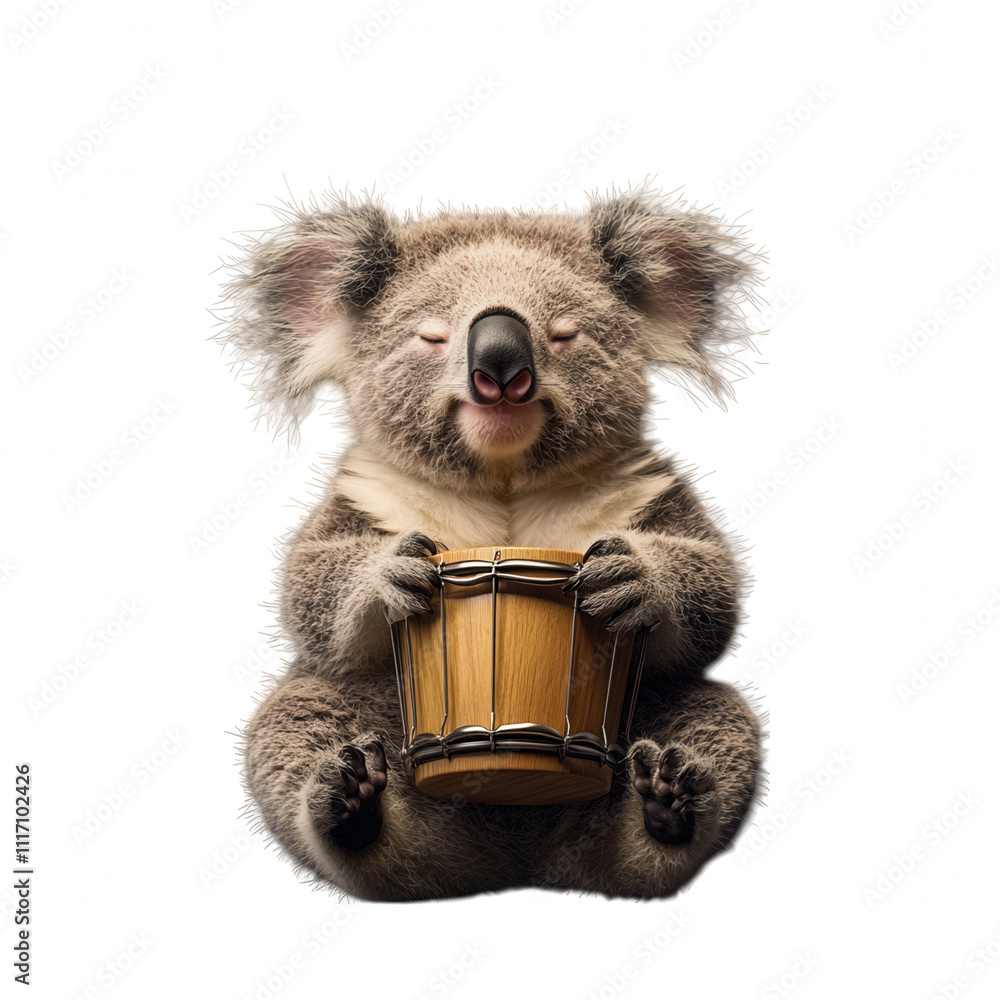 Koala Drumming Musician with Microphone Inside Wooden Barrel Backdrop ...
