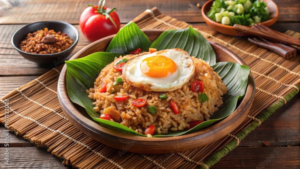 Traditional Indonesian dish of Nasi Goreng (fried rice) served with ...
