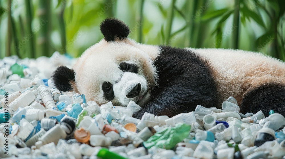 Animal pollution microplastics. Panda resting on plastic waste among ...