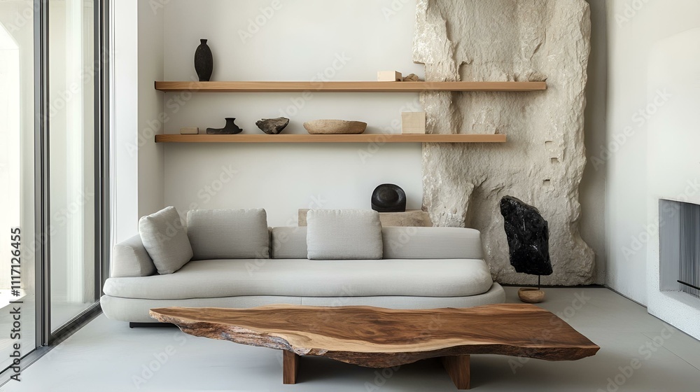 Spacious modern living room with a grey sofa, live edge wooden coffee ...