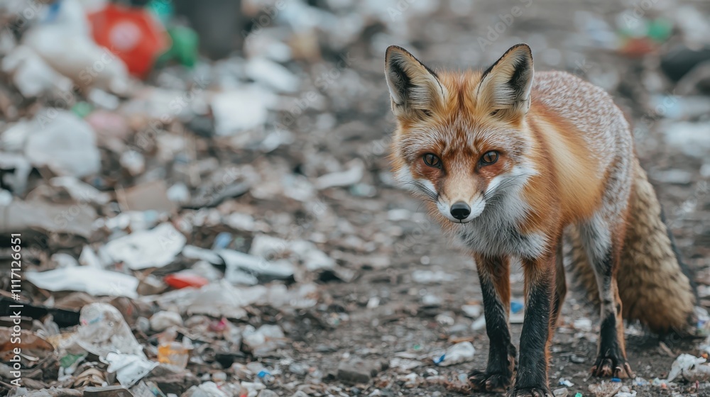 Animal pollution microplastics. Fox standing amidst litter in a ...