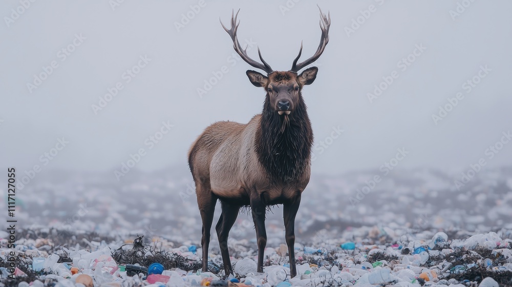 Animal pollution microplastics. A lone deer stands in a snowy landscape ...