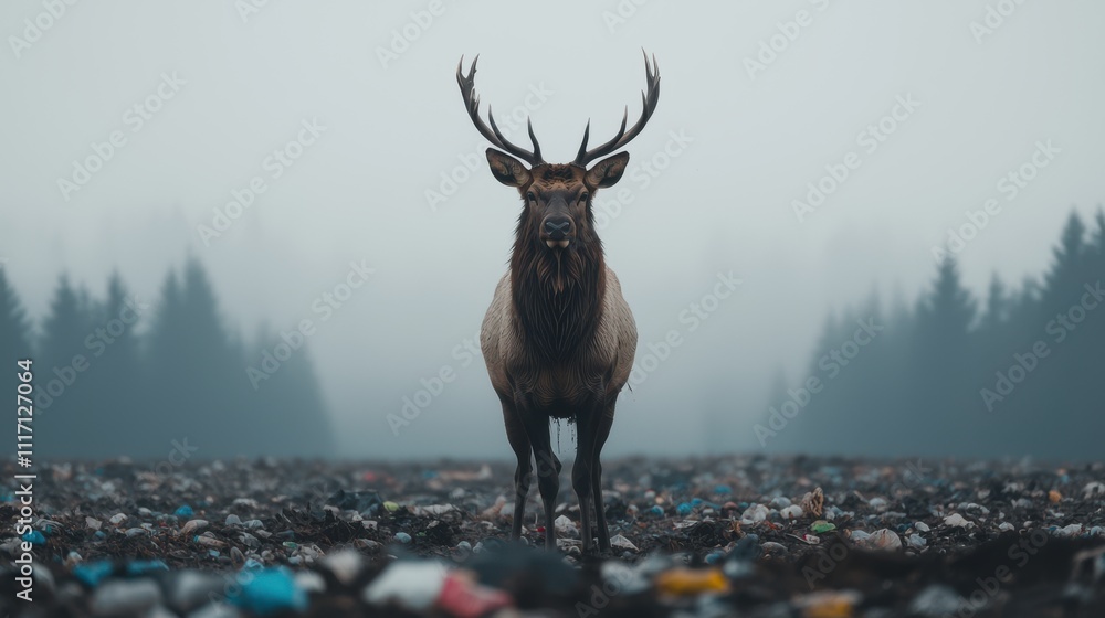 Animal pollution microplastics. Majestic deer stands amidst a foggy ...
