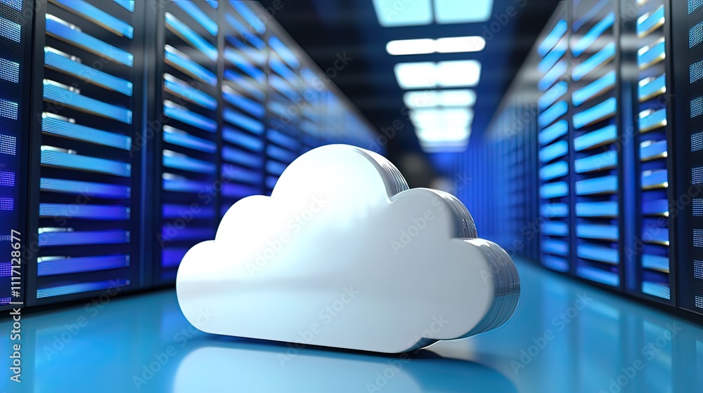 White cloud icon sits on a reflective floor in a server room ...