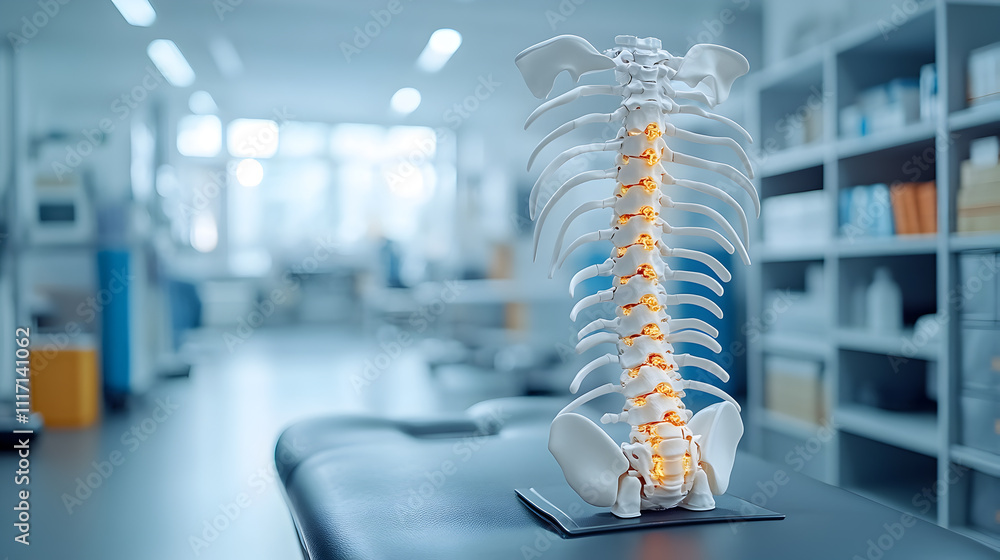 Medical model of a human spine displayed in a well-lit clinic examining ...