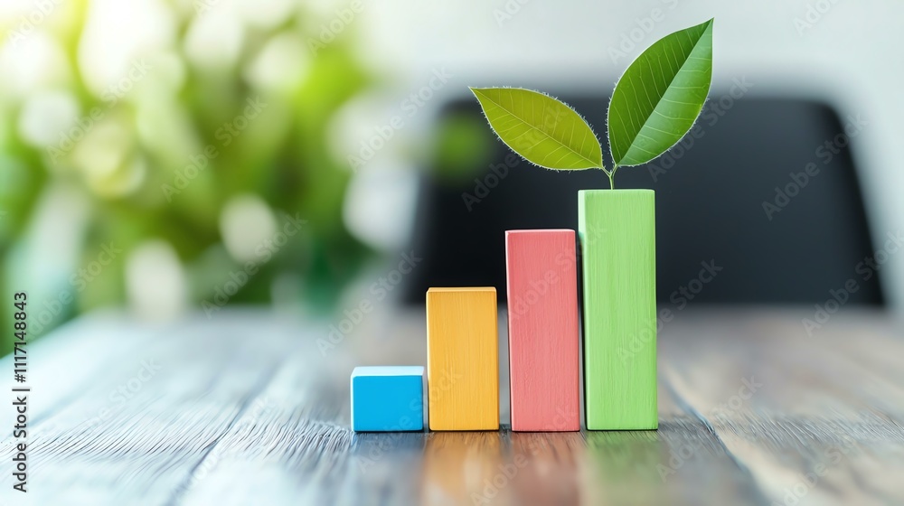 Colorful bar chart with a green sprout, symbolizing growth and ...