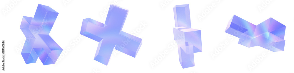 Set of 4 3d glass plus shape with aberration effect isolated on a ...