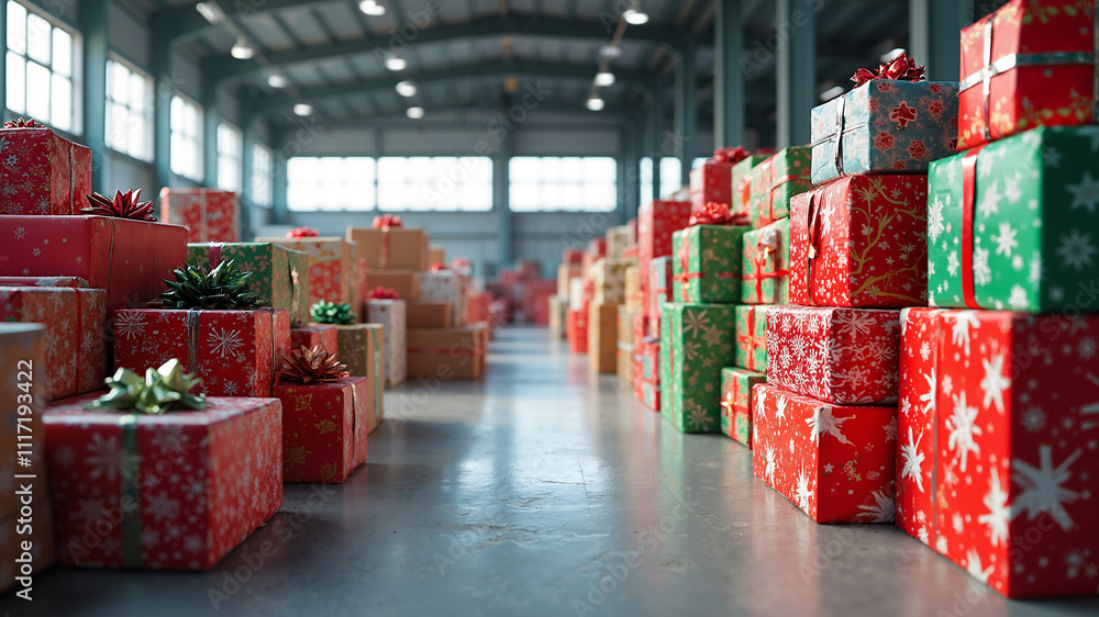 Christmas gift boxes arranged in rows inside a spacious warehouse ...