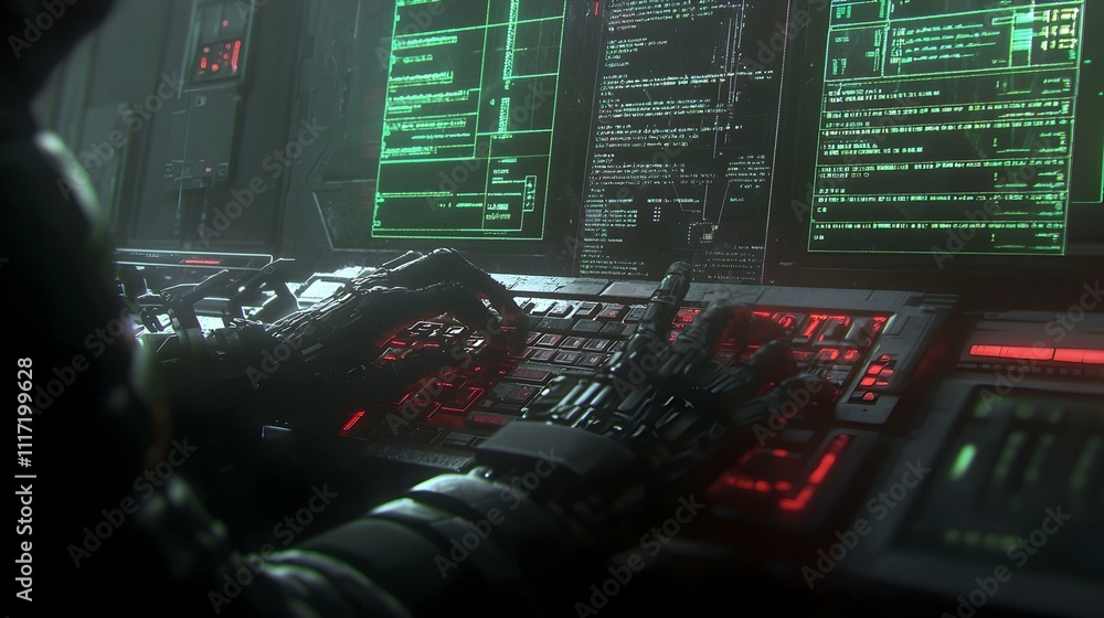 Robotic hands typing on a futuristic keyboard, illuminated by green code on multiple screens ...