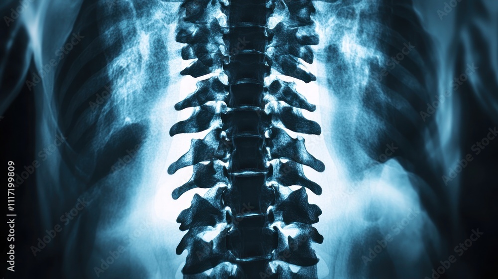 Thoracic spine X-ray showing vertebrae and ribs. Stock Illustration ...