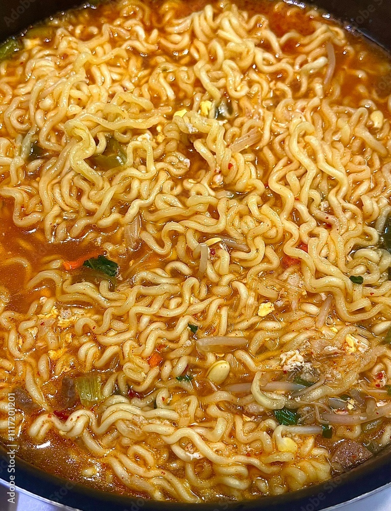 Shin Ramyun,close up of Ramyeon or Ramyun is a Korean-style soup noodle ...