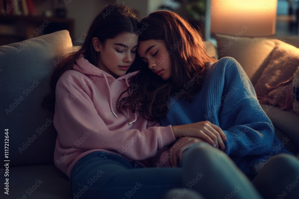 intimate conversation teenage girls comforting friend pink hoodie, blue ...