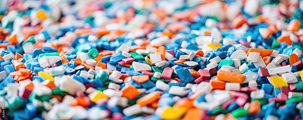 Colorful plastic pellets used in recycling and manufacturing processes ...