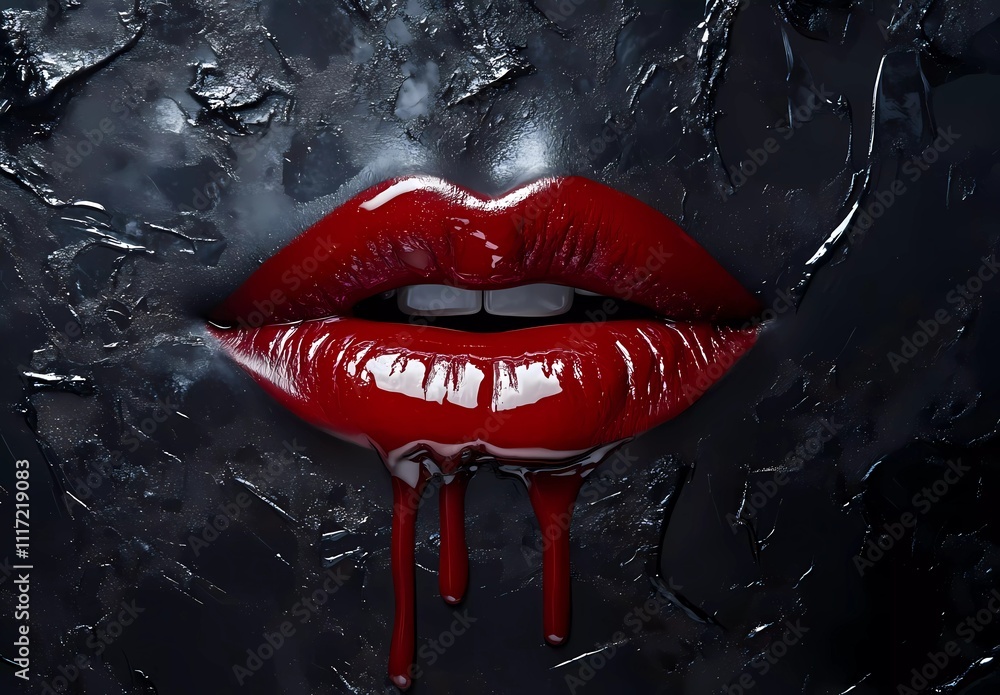 Beautiful female lips with red lipstick, against a silver and black ...