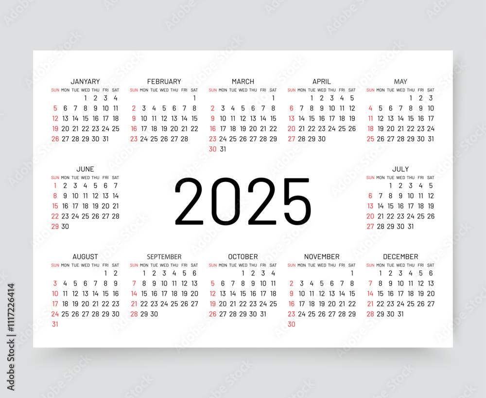 2025 calendar. Yearly grid with 12 month. Template of pocket or wall ...
