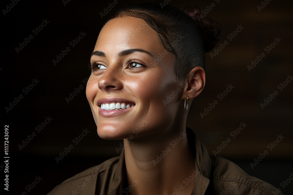 Portrait photograph of a serious woman with a shaved head and wrinkles ...