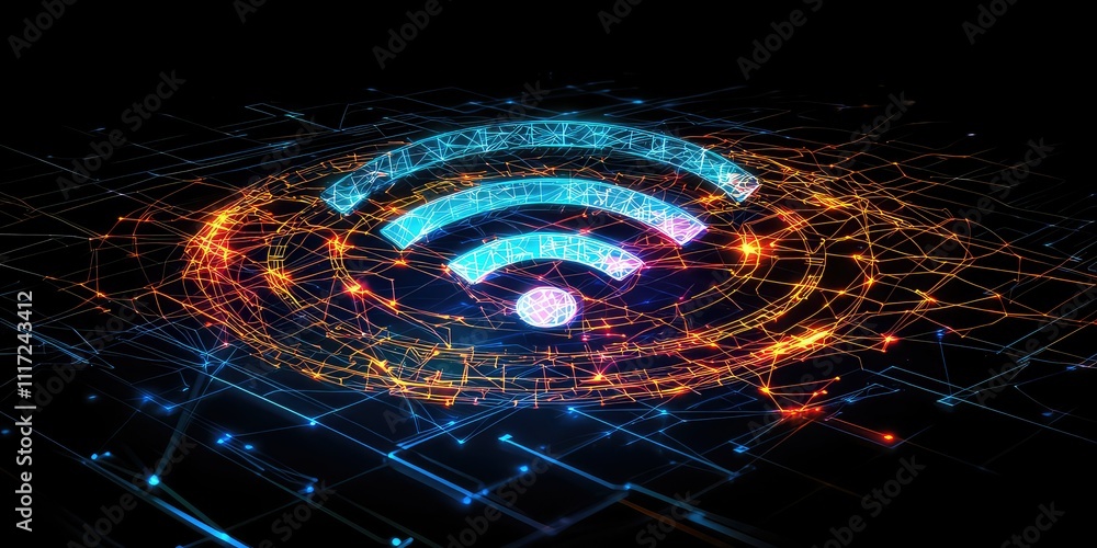 A glowing Wi-Fi symbol with lines and nodes surrounding it ...