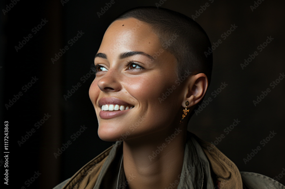 Portrait photograph of a serious woman with a shaved head and wrinkles ...