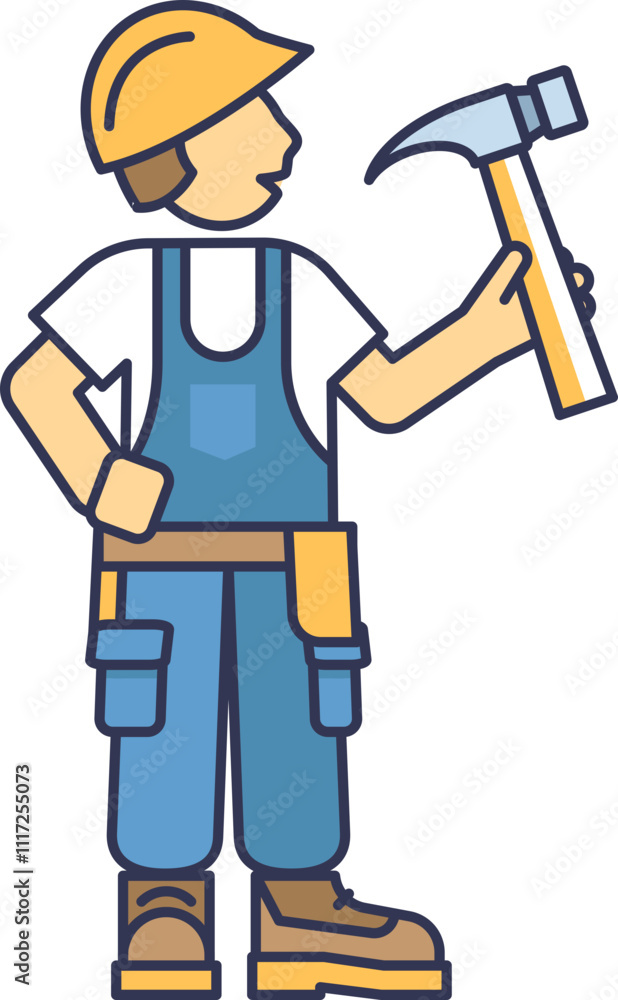 Cartoon construction worker holding a hammer, symbolizing building and ...