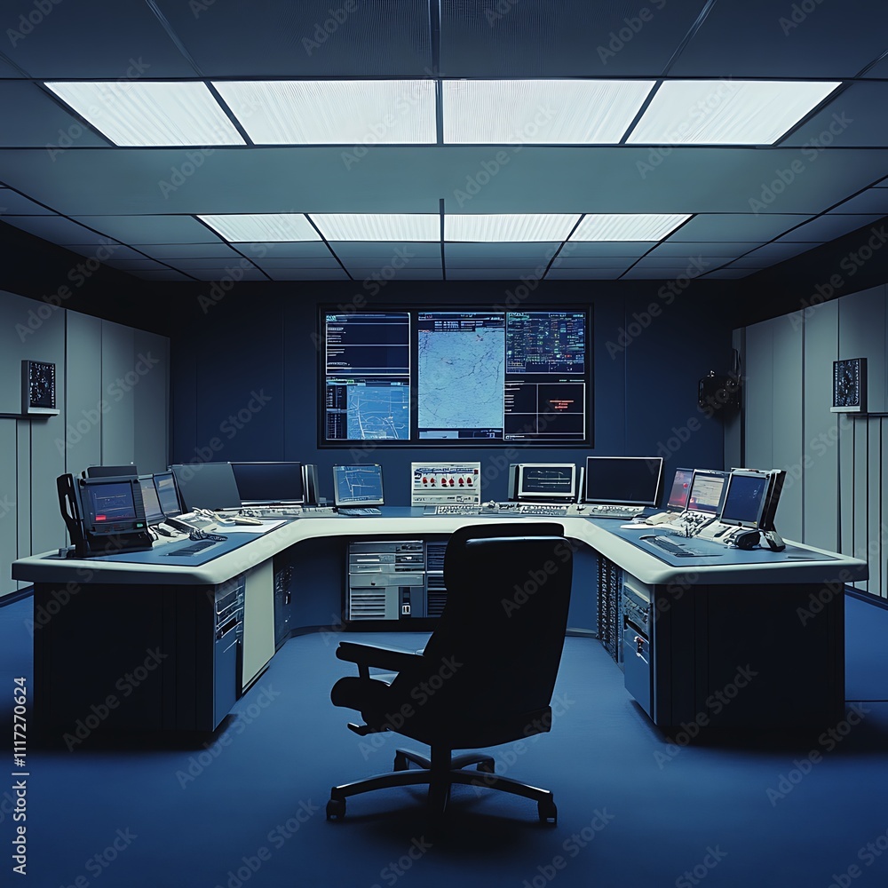 Modern control room with multiple computer screens and a single chair ...