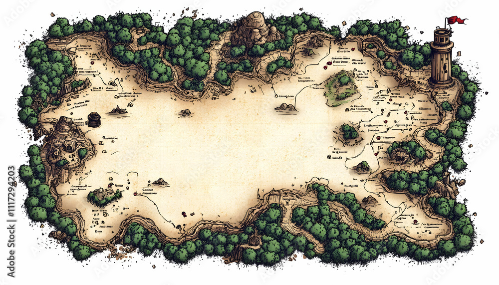 Hand-drawn map of an island with a tower, forest, and various landmarks ...