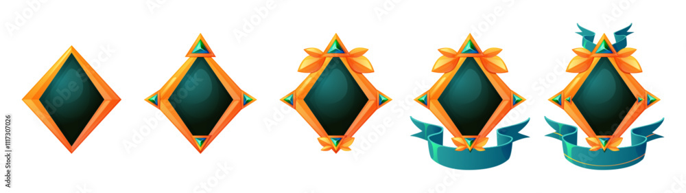 Game rank badges with dark green centers and golden frame with ...