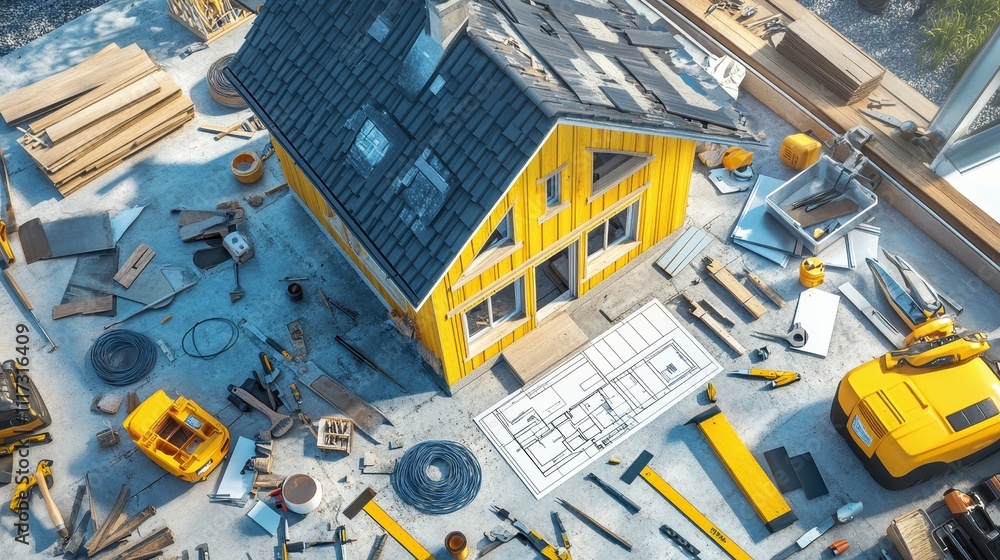 Construction site with house model and tools laid out. Overhead view of ...