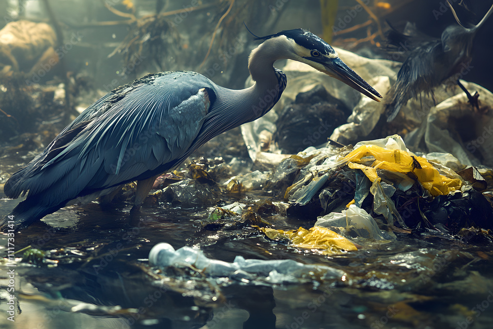 Heron surrounded by plastic pollution in a polluted wetland ...